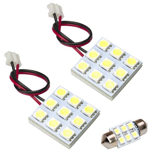 ▼同時購入がおすすめ・ゴースト対策！微点灯カット抵抗　→　1本199円（税抜）※1か所に1本必要です。・ルームランプ基板固定用　両面テープ付台座スペーサー　→　1枚199円（税抜）【SET内容】センター：3×3連(2個) 端子形状：T10ラ...