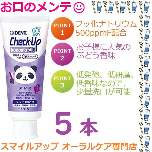 ライオン DENTチェックアップ kodomo500 コドモ60g こどもぶどう 5本 500ppmF配合 Check-Up6歳未満のお子様が安心して使用できる500ppmFのペースト6歳未満のお子様にフッ化ナトリウム500ppmFのソフト...