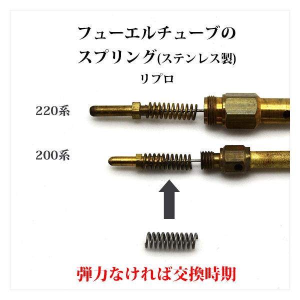 フューエルエアーチューブのスプリング、ステンレス製、リプロ新品、Made in Japanです。インスタントライト方式の1/4回転での点火を正常に動作させる重要なパーツです。点火がスムーズにできない、点火しても光量がもうひとつの場合、このパ...