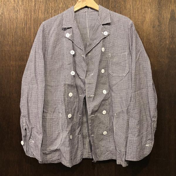 French Double Breasted Houndstooth Butcher Cook Work Jacket 40 Mint フレンチ ダブルブレスト ブッチャー コック ジャケットフレンチ ワーク ダークパープル / アイボリー...
