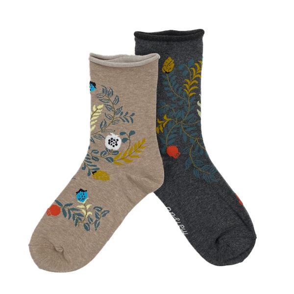 松尾ミユキさんデザインのショートソックスです。優しいタッチで描かれた植物柄がかわいいです。足の前面に柄がでる仕様です。履き口はくるくるっとロールになっており、薄地〜普通地で肌さわりもいいです。底面には「matsuo miyuki」と滑り止め...