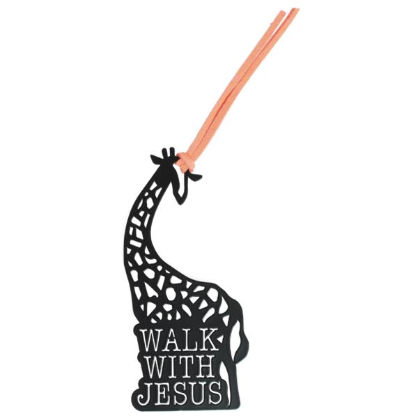WALK WITH JESUS（イエスと共に歩む）の聖句とキリンが一体となったオシャレな金属しおりです。サイズ／本体：タテ9.7×ヨコ4.5cm材質／本体：ステンレス、ひも／合皮中国製