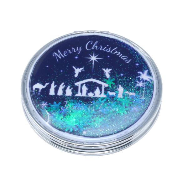 キラキラなグリッターが雪のように降り注ぐ美しいコンパクトミラーです。2面あり、片面は拡大鏡になていて便利です。文字：Merry Christmas, Jesus is born■サイズ：直径7cm、厚さ1.3cm■片面：拡大鏡（2倍）■材質...