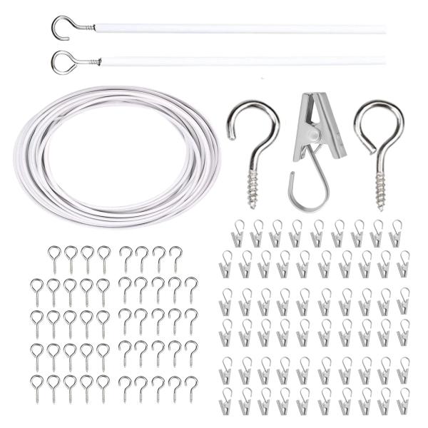 すぐに使えるフルセット: ワイヤー式のカーテンレール（カーテンワイヤー）10mとネジとカーテンフックが各25個ずつ、そして60個のカーテンクリップ（カーテンランナー）が付属したフルセットで、購入後すぐに壁付けや天井付けが可能。初めてのDIY...