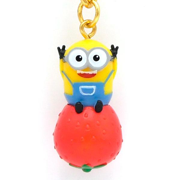 アウトレット品　在庫限り販売終了大人気キャラクター「ミニオン」の栃木限定立体キーホルダー！栃木県のいちごは収穫量日本一！いちごの上にミニオンが乗っていて可愛い！サイズ：全長約10cm　(マスコット部分)縦約3.7cm　横約2cm※個包装に汚...