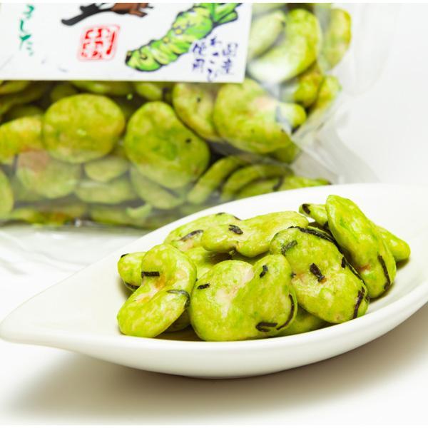 「日光わさびそら豆」は、国産わさびを使用し、そら豆を海苔とわさびでコーティングしたピリッと辛い豆菓子です。わさびのツンとした風味とカリカリ食感で、おつまみにぴったり。日光らしい三猿のイラスト入りパッケージでお土産にも喜ばれます。内容量：93...