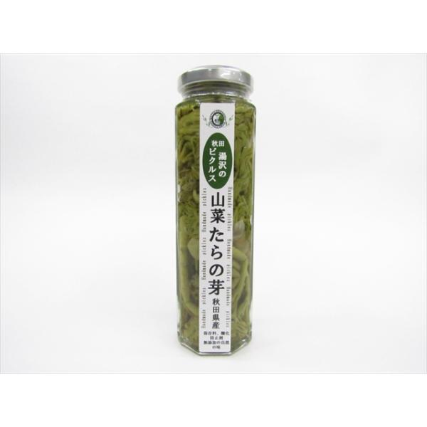 タラの芽をピクルスにしちゃいました！名称/酢漬け原材料名/タラノメ（秋田県産）、漬け原材料（醸造酢、砂糖、香辛料）、（一部に小麦を含む）内容量/100g（固形物）保存方法/直射日光・高温を避け冷暗場所にて保存してください。製造者/株式会社あ...