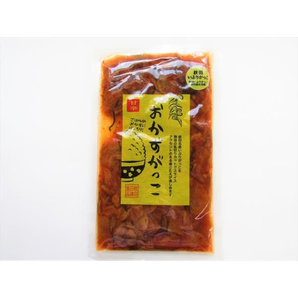 秋田名産いぶりがっこを独自の乱切りカットでスライスし、細切り昆布を加え、鰹節風のオリジナルのタレで味付けしましたおかずがっこに唐辛子を加えました。名称/しょうゆ漬け（刻み）原材料名/たくあん、昆布、唐辛子、漬け原材料（糖類（砂糖・ぶとう糖果...