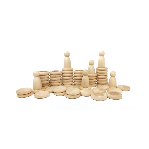 ナチュラルカラーの６人のNinsとリング、コインのセットです。Nins6個、リング36個、コイン18個が入っています。まんだらと合わせて模様づくりを楽しんだり、お話の世界を再現してごっこ遊びをすることができます。収納袋付き。  〇グラパット...