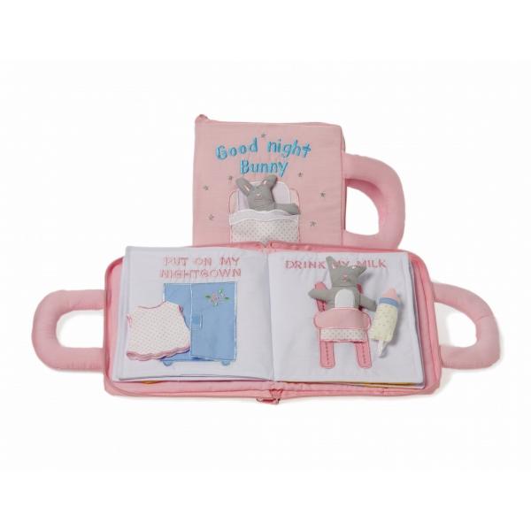 スウェーデンのoskar&amp;ellen社 布製ブックグッドナイトブック　ピンクかわいいウサギの人形が本から飛び出します。お着替えをしたりお風呂に入ったり歯磨きをしたりと、寝る前のお仕事を英語で楽しく学びます。全8ページサイズ：22×2...