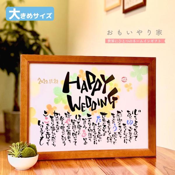 【商品説明】結婚される幸せな二人へのプレゼントとしてお名前を織り交ぜた素敵なポエムをオーダーメイドでお仕立てします。一点一点心をこめた直筆文字で丁寧にお仕立する世界にひとつのネームインギフトです。※ポエム（文章）はお二人の雰囲気などを考慮し...