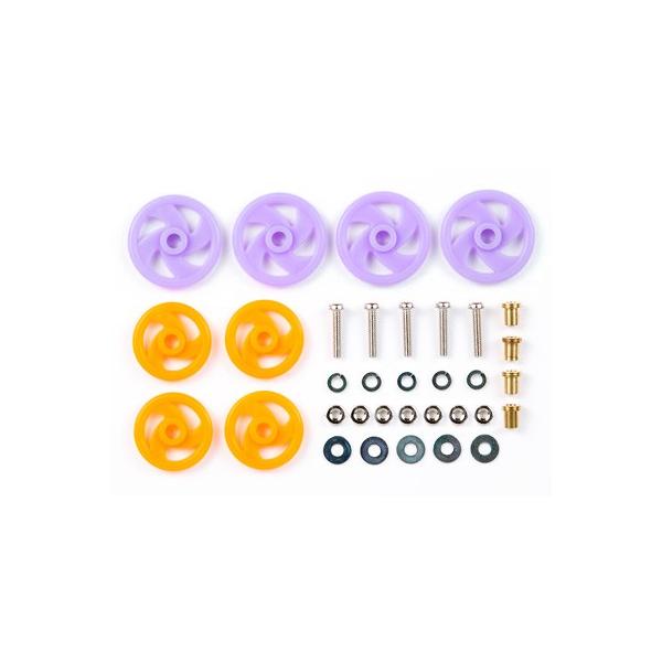 【マシンの性能アップやセッティングに役立つパーツです】摩擦抵抗が少なくなめらかに回るプラスチック製のローラーです。16mmと19mmの2種類のサイズのローラーを4個ずつセット。真ちゅう製のローラー受け、取り付け用の2mmビスやナット、ワッシ...