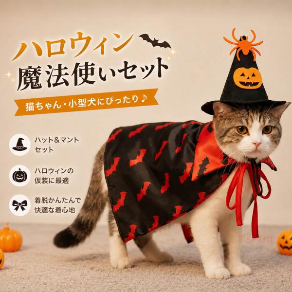 商品名 ペット服 ハロウィン マント 帽子 ２点セット コスチュームサイズ フリ-セット ２点セット（マント1個+帽子1個）商品紹介：【ハロウィン仮装が完了する 2 点セット】クモとカボチャデザインの魔女帽子、コウモリ総柄マントのセット。愛...