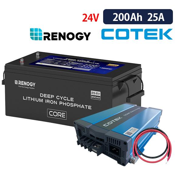 セット内容・RRENOGY リン酸鉄リチウムイオンバッテリー ヒート機能付き200AH 24V COREシリーズ  容量：200Ah公称電圧：25.6V・COTEK 高性能充電器CX2425最大出力電流：25A出力電圧：24Vケーブル：14...