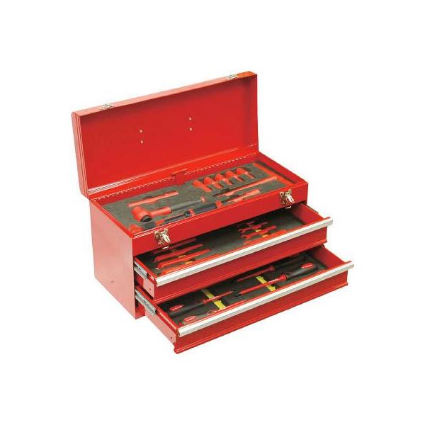 ■IEC60900規格品です。■Tech-EVシリーズのフルセットです。■低電圧作業、及び電気自動車(HV)やハイブリット自動車のバッテリーの脱着や板金作業など様々な作業に対応できるセットです。■2段式工具箱と専用型抜きフォーム付です。