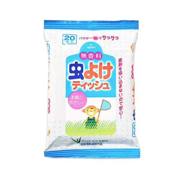 【発売日：2009年01月16日】予告なくパッケージ・仕様が変更になることがございます/予めご了承ください■薬剤の吸い込みが気にならない、無香料の虫除けティッシュ。■パウダーインでお肌がべとつかずサラサラ。■アロエエキス配合で、爽やかにやさ...
