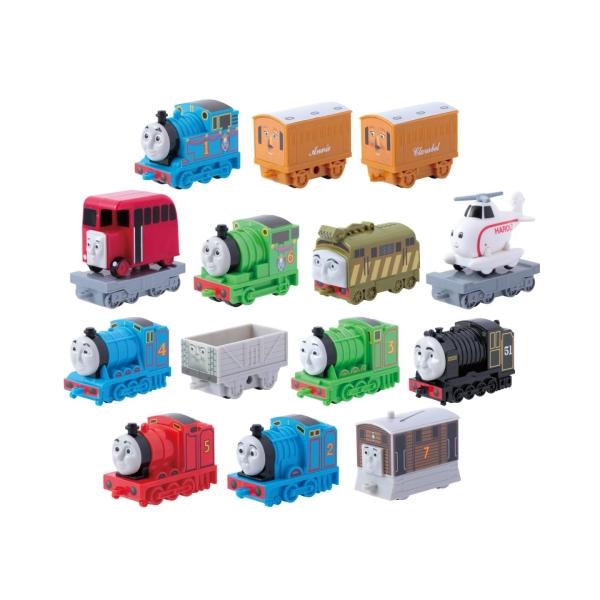 連結部分を改良し遊びやすくなって登場！トーマスとなかまたちが14台セットになりました。車両同士は連結して遊べます。連結できないハロルドと バーティーは台車に乗せて連結できます。トーマスと7両連結セットや、トーマス&amp;パーシー 機関庫よ...