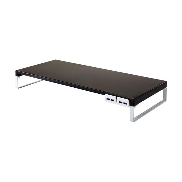 USBハブ付きの机上台です。ハブ部分を手前にスライドすればスマートフォンやタブレットのスタンドになります。データの転送速度が速く、供給電流も多いUSB3.0規格に対応しています。