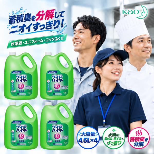花王 ワイドハイターEXパワー 業務用 4.5L×4本セット。合計18L。JAN：4901301509819。花王プロフェッショナルシリーズの酸素系液体衣料用漂白剤。洗剤では落ちない汚れ・ニオイに。色柄物にも使用可能。つけおきで除菌、消臭・...