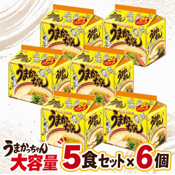 ハウス食品 うまかっちゃん 九州とんこつ味 5食セット×6パック 計30食セット。とんこつスープのインスタントラーメン・袋麺・即席ラーメンをまとめ買いできるセット販売です。内容量530g（1パック）×6パック。家族用・業務用・ギフト用のラー...
