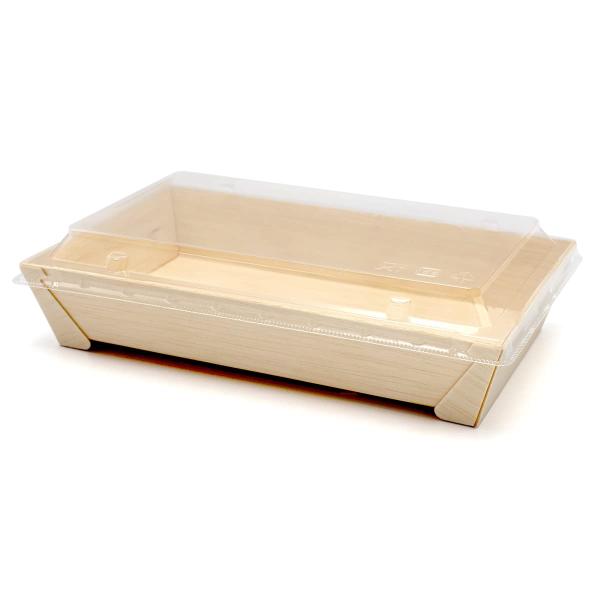 ・品名：長方形 RECTANGLE・材質：木製容器／OPS透明プラ蓋・サイズ：M・スペック：本体：203x127x40mm(35)　蓋：209.5x133x20mm・入数：50個