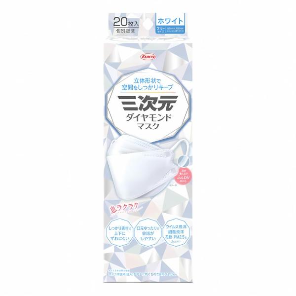 ・立体形状で口元空間をしっかりキープしたダイヤモンド形状マスク・ウィルス飛沫、細菌飛沫、花粉・PM2.5をカット・ふんわり耳ひも、フィット性の良い鉄芯ノーズフィッター、ふわふわクッションシートを採用・しっかり素材で上下にずれにくい