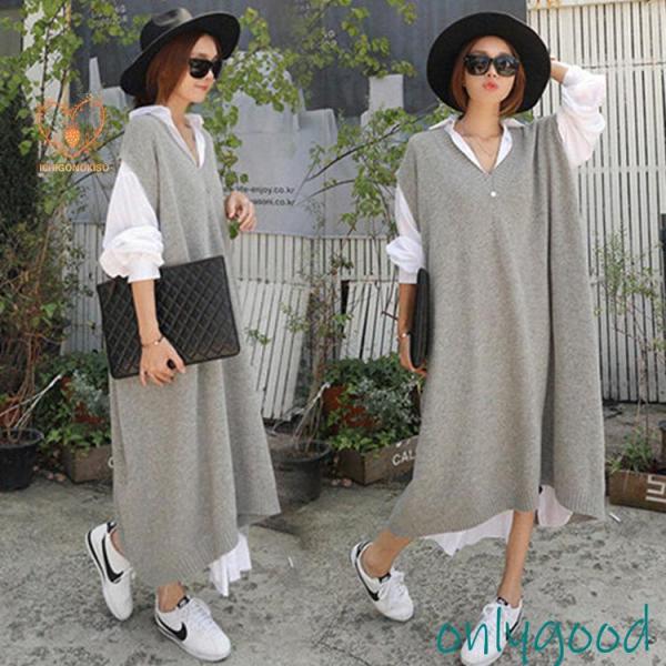 【素材】：ポリエステル【カラー】：グレー【サイズ】：（約）*着丈：118cm(F)*バスト：130cm(F)弾力性あり連携キーワード：ニットベストワンピース レディース 40代 秋冬 長袖ワンピース Vネック ニットロングベスト ニットワン...