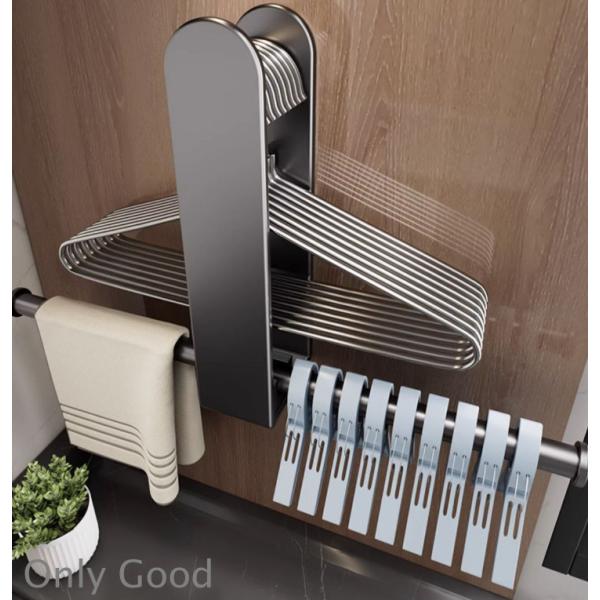 商品名ハンガー収納ラックパッケージ内容：ホルダー本体、粘着せっちゃくざいー*1生産国：中国スペースの有効活用！ハンガーだけではなく、洗濯用ブラシ、ヘアバンド、 タオルなど収納できる欠かせないハンガー収納ラックです。出し入れ簡単壁との間に程よ...