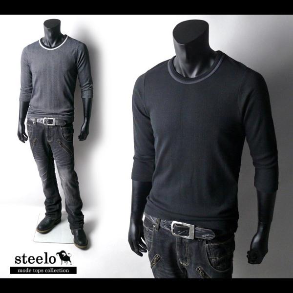 【steelo】デザイン織り柄クルーネック7分袖カットソー メール便不可