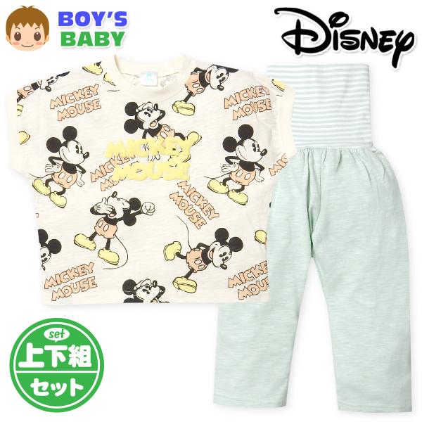 ●特 長・Disney(ディズニー)・ミッキーマウス・半袖パジャマ　・上下組・腹巻き付き/寝冷え対策・本体コットン100％・ゆったりドルマンスリーブ・後ろマチ付きパンツ・お名前ネームタグ(トップスのみ)・キャラクター総柄プリント・襟/袖口リ...