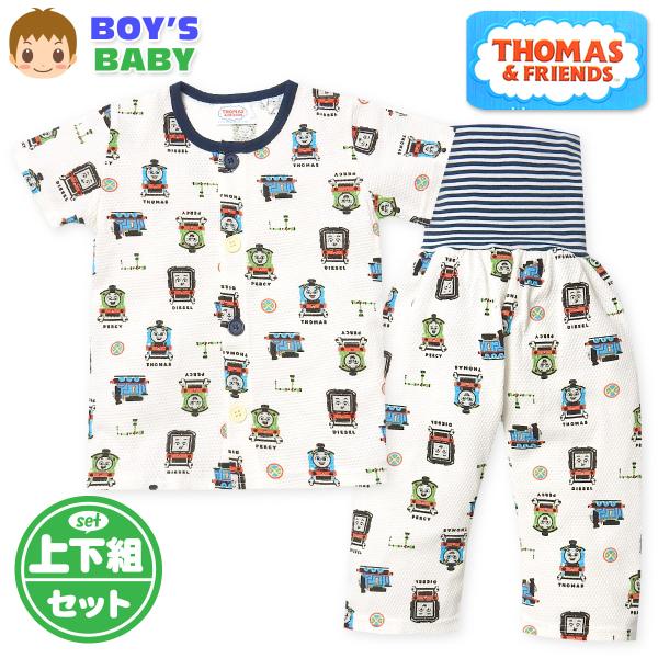 ●特 長・きかんしゃトーマス・半袖パジャマ　・上下組・腹巻き付き/寝冷え対策・前開きボタン・本体コットン100％　・通気性・後ろマチ付きパンツ・お名前ネームタグ(トップスのみ)・キャラクター総柄プリント・お昼寝/かわいい/可愛い/　おしゃれ...