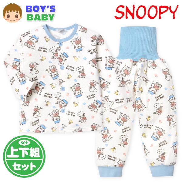 ●特 長・SNOOPY(スヌーピー)・腹巻き付きパジャマ　・上下組・ニットキルト　・暖かい素材・保温性　・肌側コットン100％・前開きボタン　・襟/パンツ裾リブ・パンツ後ろマチ付き・お名前ネームタグ付き・キャラクター総柄プリント・部屋着/上...