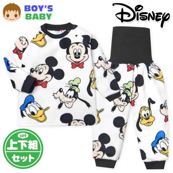 ●特 長・Disney(ディズニー)・ミッキーマウス・腹巻き付きパジャマ・上下組　・両面フリースボア・暖かい素材　・保温性　・防寒性・襟元スナップボタン付き・パンツ後ろマチ付き・襟/袖口/パンツ裾リブ・お名前ネームタグ付き・キャラクター総柄...