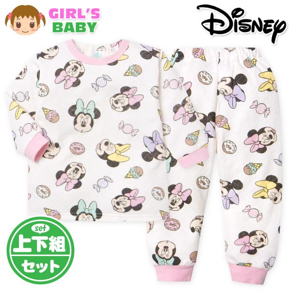 ●特 長・Disney(ディズニー)・ミニーマウス　・ミニーちゃん・長袖キルトパジャマ　・上下組・ニットキルト・保温性　・暖かい/温かい・内側ネームタグ付き(トップスのみ)・キャラクター総柄プリント・襟元後ろゴム入り・襟/袖口/パンツ裾リブ...