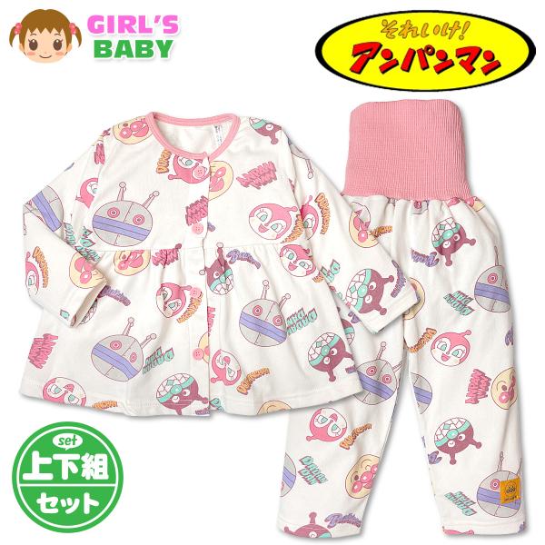 ●コメントみんな大好き それいけ！アンパンマン の女の子向けベビーパジャマ上下セットが登場♪ドキンちゃん・ばいきんまん・だだんだんなど可愛いキャラクターがいっぱいの総柄デザイン♪やさしいピンク系カラーで女の子らしさも◎内側はふんわり綿混の裏...