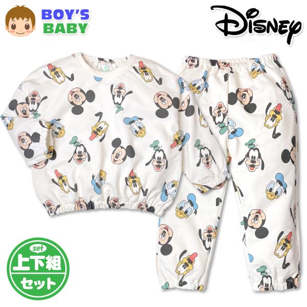 ●コメントみんな大好きディズニーキャラクターがいっぱい♪ミッキー・ドナルド・グーフィーたちの総柄デザインが可愛いベビー用パジャマ上下セットが登場！やわらかいミニ裏毛の綿100％素材で春秋冬とロングシーズン活躍☆おうち時間のルームウェアやパジ...