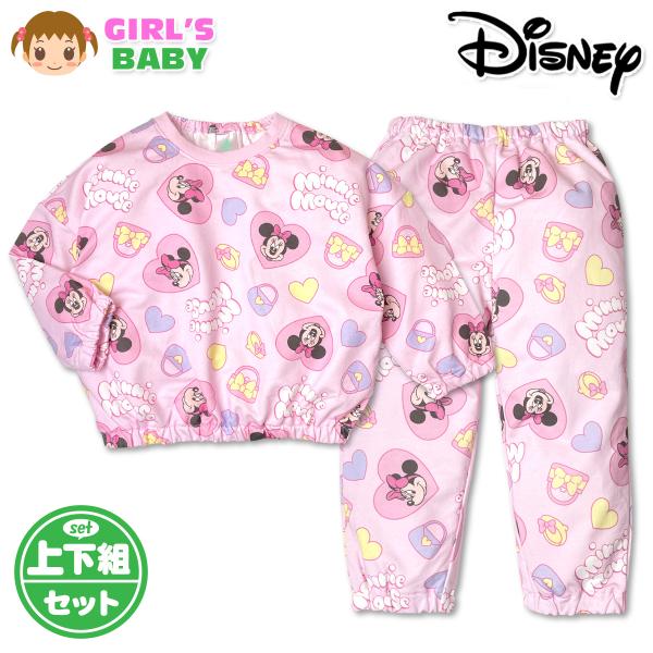 ●コメントみんな大好きディズニーキャラクターがいっぱい♪キュートなミニーマウスの総柄デザインが可愛いベビー用パジャマ上下セットが登場！やわらかいミニ裏毛の綿100％素材で春秋冬とロングシーズン活躍☆おうち時間のルームウェアやパジャマとしても...