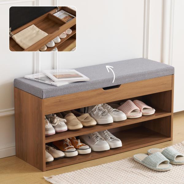 ・カラー：ブラウン / ライトウッド / ホワイト（クッションはグレー）・サイズ：横幅90×奥行30.5×高さ45 cm・最大耐荷重：約150kg・座面：高反発クッション・収納機能：座面下開閉式収納＋複数段シューラック・静音ヒンジ採用で開閉...