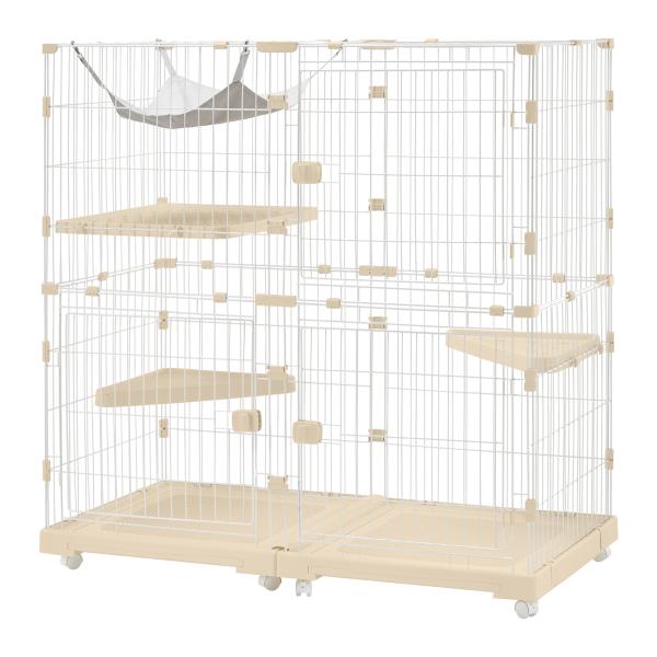 ・タイプ：猫ケージ／キャットケージ（2段）・段数：2段・素材：スチール、錆びにくいエポキシ樹脂塗装・付属：ハンモック、トレー、猫ドア、キャスター（8個）・特徴：自由組み合わせ可能、掃除しやすい、広々棚板、猫ベッドやおもちゃ設置可・用途：多頭...