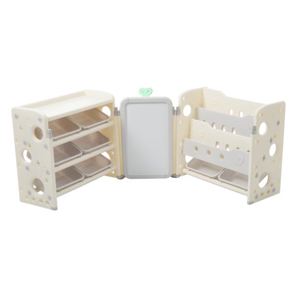 サイズ：商品画像までご参照ください材質：高品質HDPE（無毒・匂いなし）機能：折り畳み可能、3in1（おもちゃ棚・絵本棚・描きボード）安全設計：三角構造で倒れにくく、角は丸く滑らかで肌に優しい特徴：斜め設計のワイドおもちゃ棚で取り出しやすい...