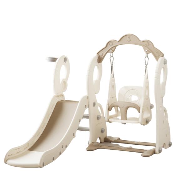 商品名：滑り台・ブランコ・バスケットゴール付き大型遊具  対象年齢：1〜6歳設置場所：室内・屋外  材質：高品質HDPEブランコ：2段階調整可能（地面から約21cm／約27.5cm）、前傾デザイン・安全ガードレール付き、安定注水口付き  滑...