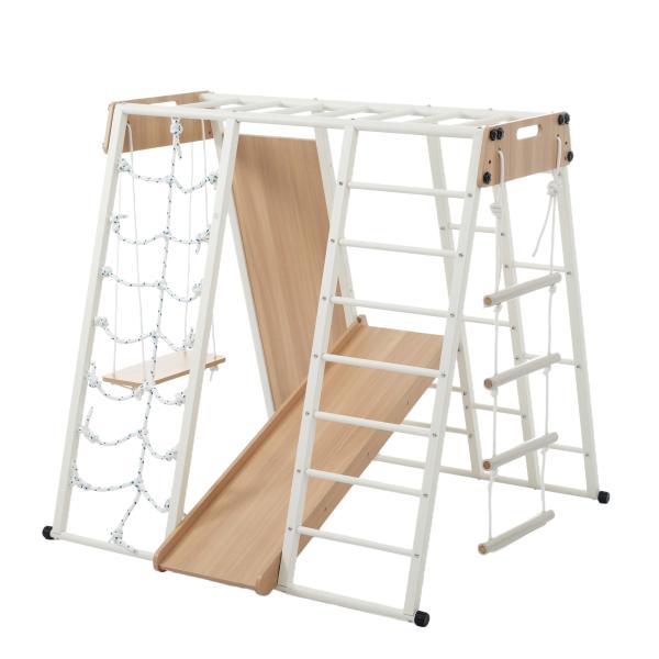 ・商品名：金属製ジャングルジム（室内用）・素材：金属フレーム・耐荷重：約150kg以上・使用人数目安：1〜4人・機能：すべり台、ブランコ、クライミングウォール、ロープはしご、雲梯・すべり台仕様：厚みのある板材使用／ガードレール約3.8cm・...