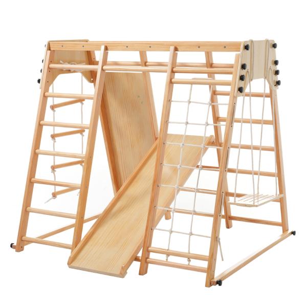 ・商品名：ジャングルジム 天然木 すべり台 室内遊具 キッズ 子供用・カラー：ナチュラル・材質：天然木（松・欅）、合板・製品スタイル：かわいい、スポーティ・重量：約30.35kg・梱包サイズ：125×48×24cm・安全仕様：角丸加工、手す...