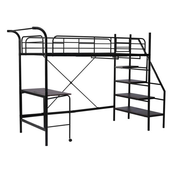 ・商品名：システムベッド ロフトベッド・カラー：ブラック/ホワイト・材質：スチール・耐荷重：約150kg・機能：折りたたみ式デスク付き（キャスター付き）・デスク：コンセント付き・収納：階段収納・ベッド下収納・ハンガーポール付き・階段：手すり...