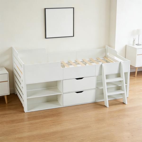 ・商品名：システムベッド・カラー：ホワイト  ・材質：木製（フレーム・床板・ハシゴ）  ・スタイル：クラシック、モダン、北欧風  ・サイズ：シングルベッド、マット別売（推奨サイズ 幅195×長さ97cm）  ・特徴：頑丈設計（耐荷重150k...