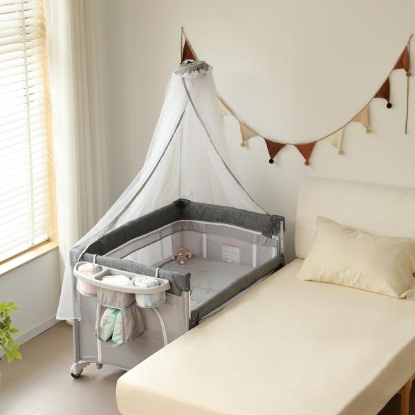 商品名：折りたたみ式 ベビーサークル／ベビーベッド機能：昼寝ベッド／ベビーサークル／添い寝ベッド／おむつ替えテーブル／ゆりかご対象年齢：・下段使用：0〜3歳・上段使用：0〜6ヶ月耐荷重：15kg素材：・本体：オックスフォード（非防水）・マッ...