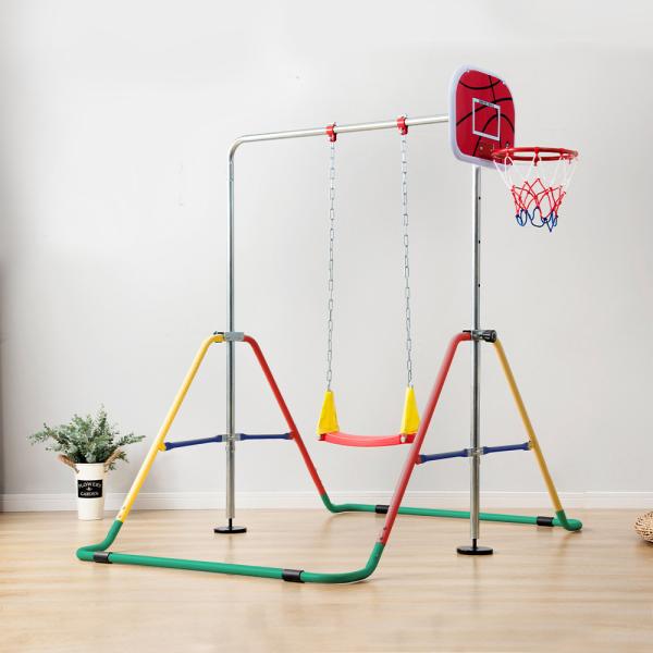 【対象年齢】3歳以上【サイズ・仕様】折りたたみ式、鉄棒高さ5段階調節可能、ブランコ・バスケットボール付属【耐荷重】鉄棒70kg、ブランコ40kg【構造・安全】三角形安定構造、ゴム滑り止め付き、床を傷つけにくいベース設計【特徴】室内外対応、折...