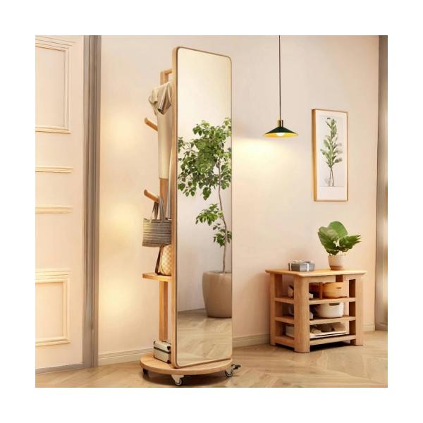 ・タイプ：全身ミラー／姿見・機能：ハンガーラック一体型、360°回転・キャスター：静音キャスター付き（ブレーキあり）・フレーム素材：天然木（ヨーロッパ産松）・塗装：水性塗装・ミラー：高精細ガラス、飛散防止加工・特徴：収納機能付き、スタンド式...