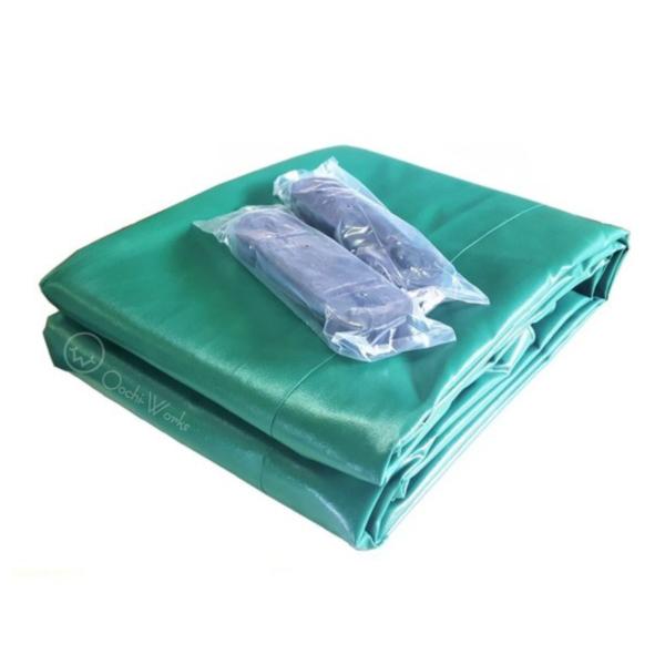 【商品名】トラックシート3号 グリーン【サイズ】2.3ｍ×3.6ｍ【カラー】グリーン【ハトメ】アルミハトメ　26個【重　量】約5.8kg【厚　み】0.5ｍｍ【付属品】コードゴム4ｍ×2本【注　意】※付属のゴムバンドによる油ジミがシートに付着...