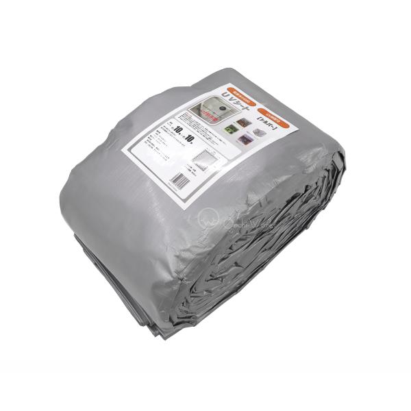 【商品名】UVシルバーシート＃4000 10m×10m【規　格】#4000　厚手【サイズ】10m×10m（実寸約9.7m×約9.9m）【ハトメ】900mmピッチ　ポリカーボネート製ハトメ【厚　み】0.28mm【重　量】約20kg【カラー】シ...
